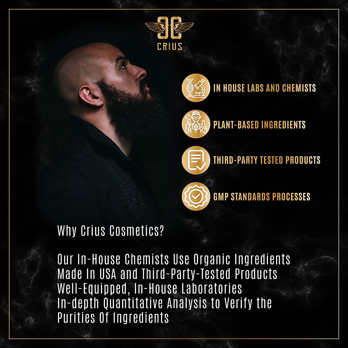 CRIUS COSMETICS Beard Oil For Men with Vitamin E, Almond, Argan, and Jojoba Oil, Enhanced Beard Growth, Soft Facial Hair, Beard and Mustache Moisturiser, Organic, GMP-Certified, Non-GMO, 2 Oz.