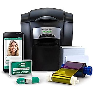 Complete ID Card Printer Bundle: AlphaCard Pilot ID Printer, EasyBadge ID Software & Mobile App, ID Supplies - 100 Printable Cards