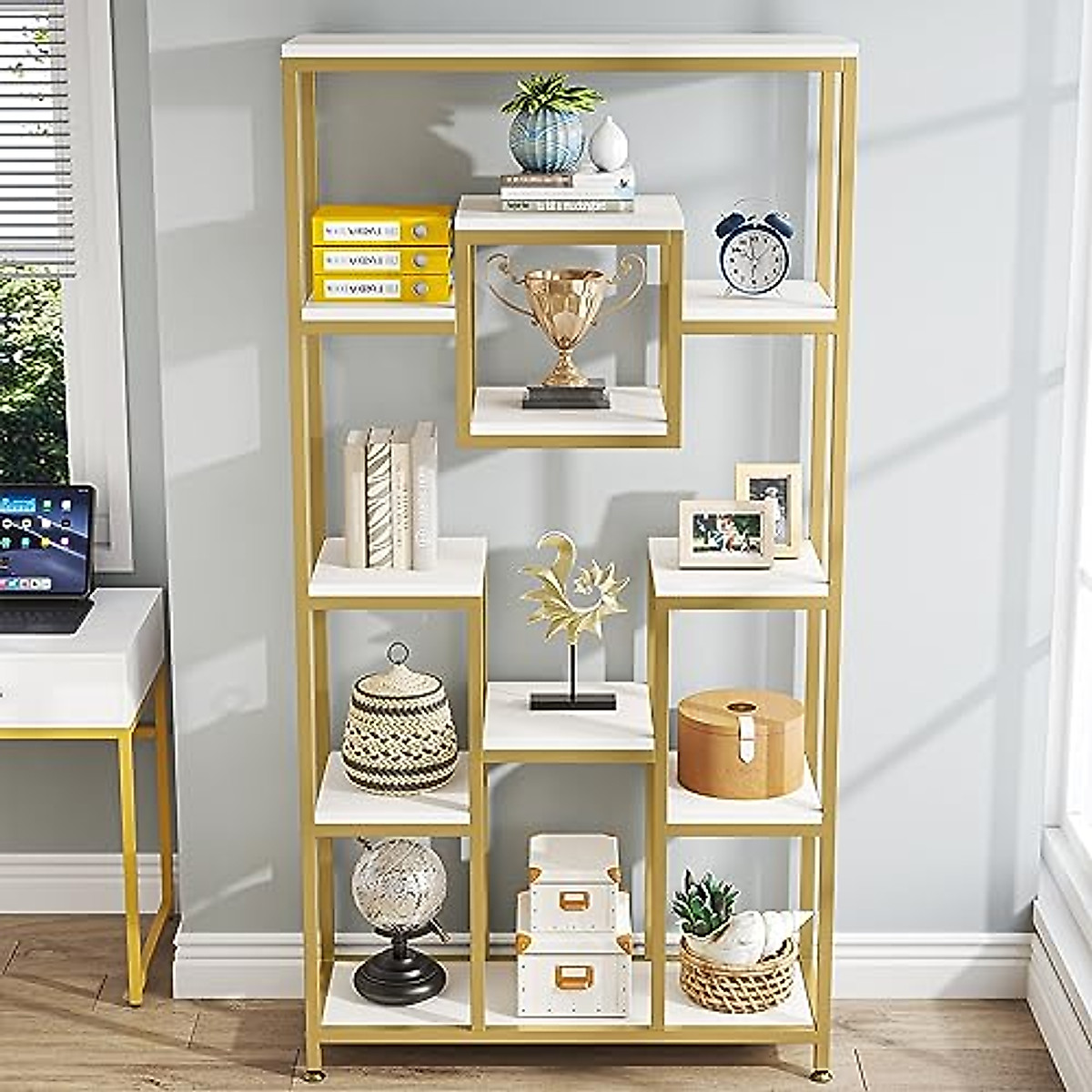 Tribesigns 71" W Gold Bookshelves, 11-Tier Large Tall Open Display Bookshelf, Geometric Cubed Etagere Bookcase Shelf, Modern Book Shelf for Living Room, Bedroom, Home Office, Gold & White