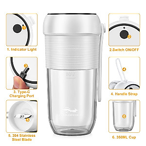 GOLDFOX Portable Blender for Shakes and Smoothies, Personal Blender USB Rechargeable, Travel Mini Blender, Smoothie Maker, Fresh Juice Blender Cup for Outdoors, Gym, Office 350ML(11.84oz)