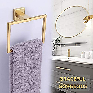 Hand Towel Holder Brushed Gold, Angle Simple SUS304 Stainless Steel Square Towel Ring, Bathroom Towel Hanger for Wall, 7.09-Inch