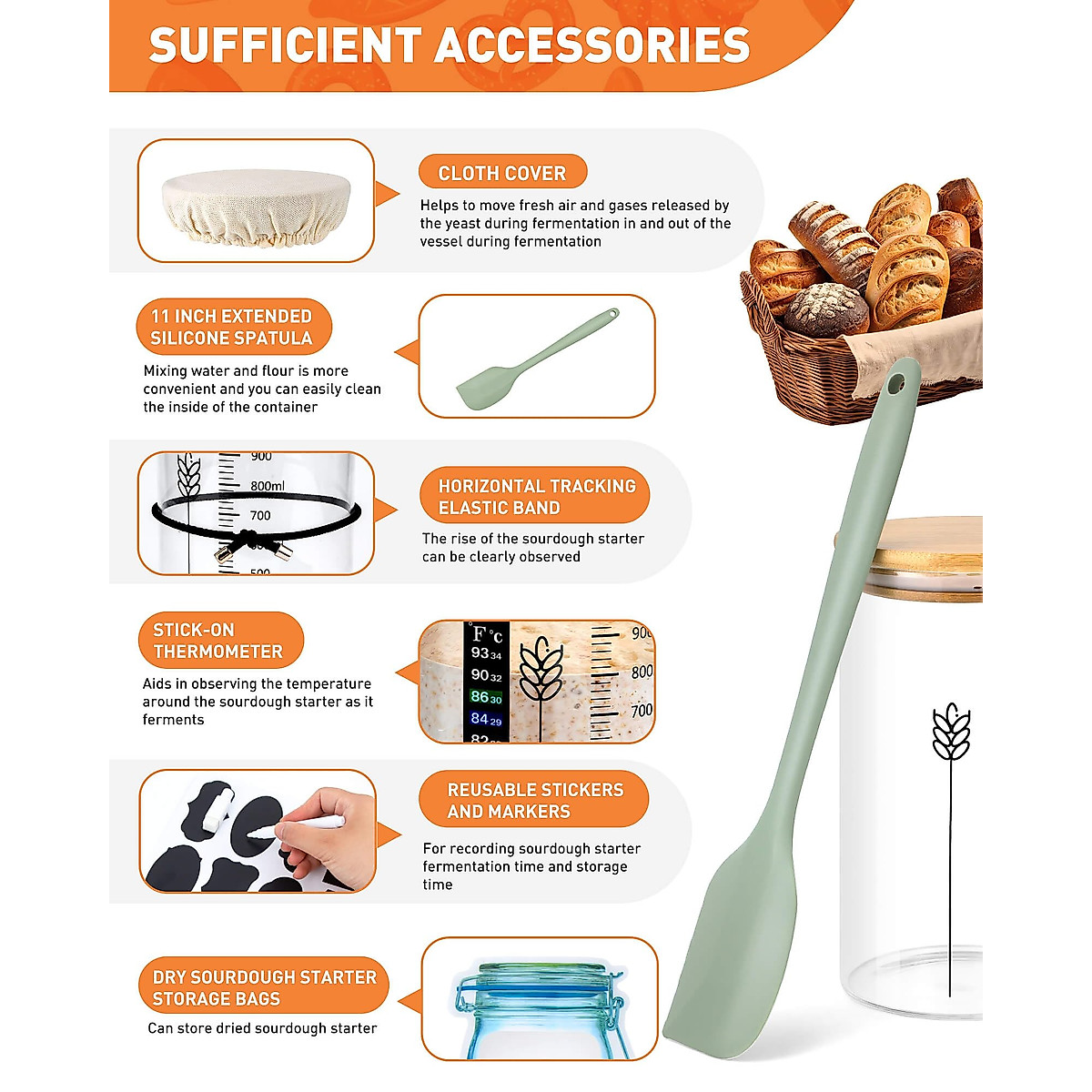 Dangyuxia Sourdough Starter Jar Kit 39 oz Sourdough Starter Jar Sourdough Starter Kit with Thermometer, Sourdough Jar Silicone Spatula, Cloth Cover & Bamboo Lid, for Sourdough Bread Baking Supplie