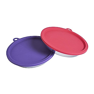 Messy Cats 4pc Set with Two Stainless Saucer Shaped Bowls and Two Silicone Lids, 1.75 Cups Per Bowl, Watermelon and Purple Lids
