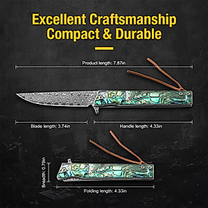 AUGENWEIDE Damascus Steel Pocket Knife, Abalone Handle, Damascus Knife with for Men, Great As Father's Valentine's Day Christmas Day Gift (C-ONLY A KNIFE)