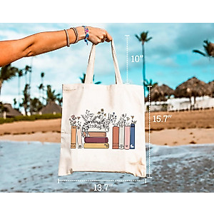 GXVUIS Books Canvas Tote Bag for Women Aesthetic Flowers And Cat GraphicReusable Grocery Shopping Bags Reading Lovers Gift White