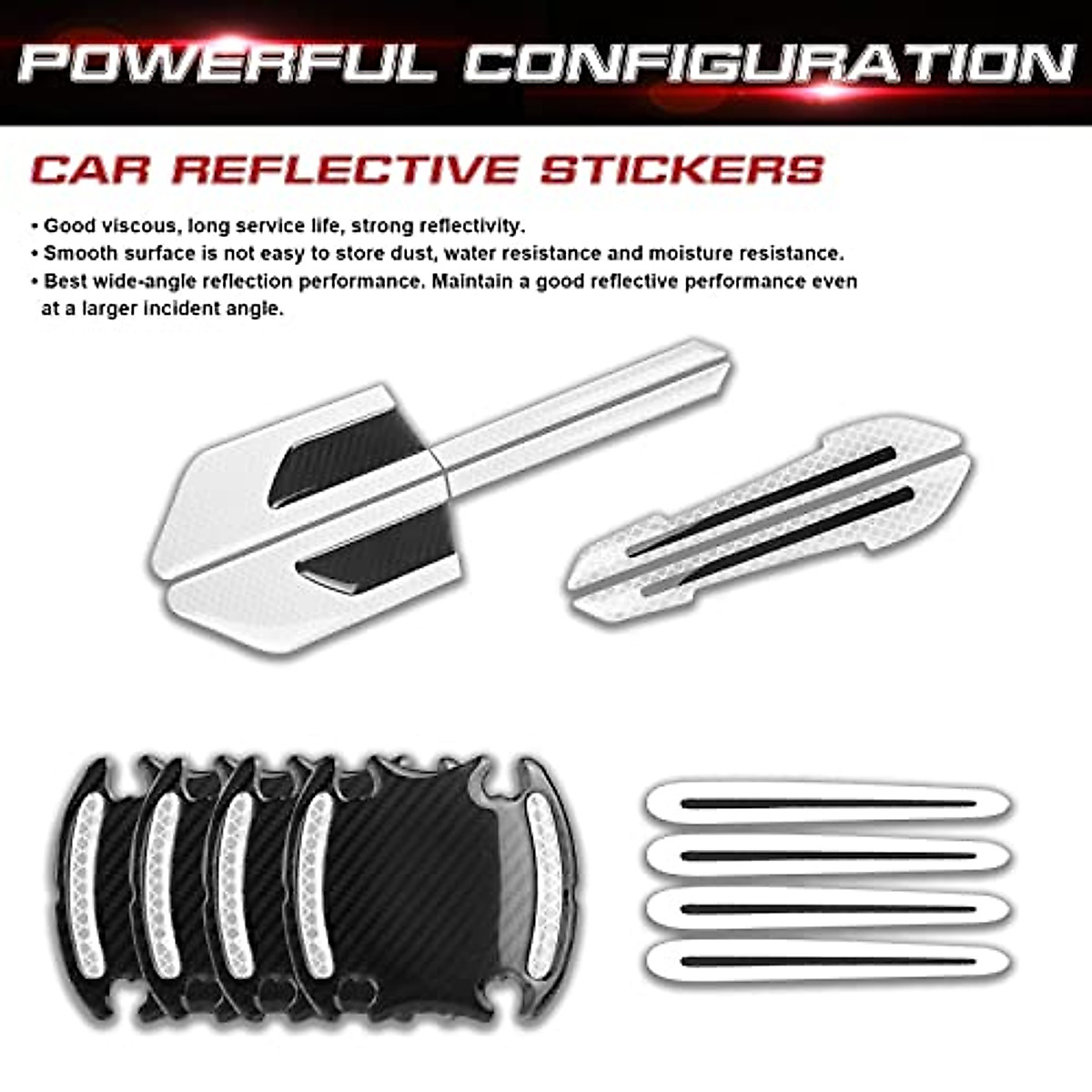 Xotic Tech Car Side Door Marker Rearview Mirror Edge & Door Handle Protector Guard Cover Warning Sticker Set, Carbon Fiber Pattern w/Reflective Safety Strip (White)