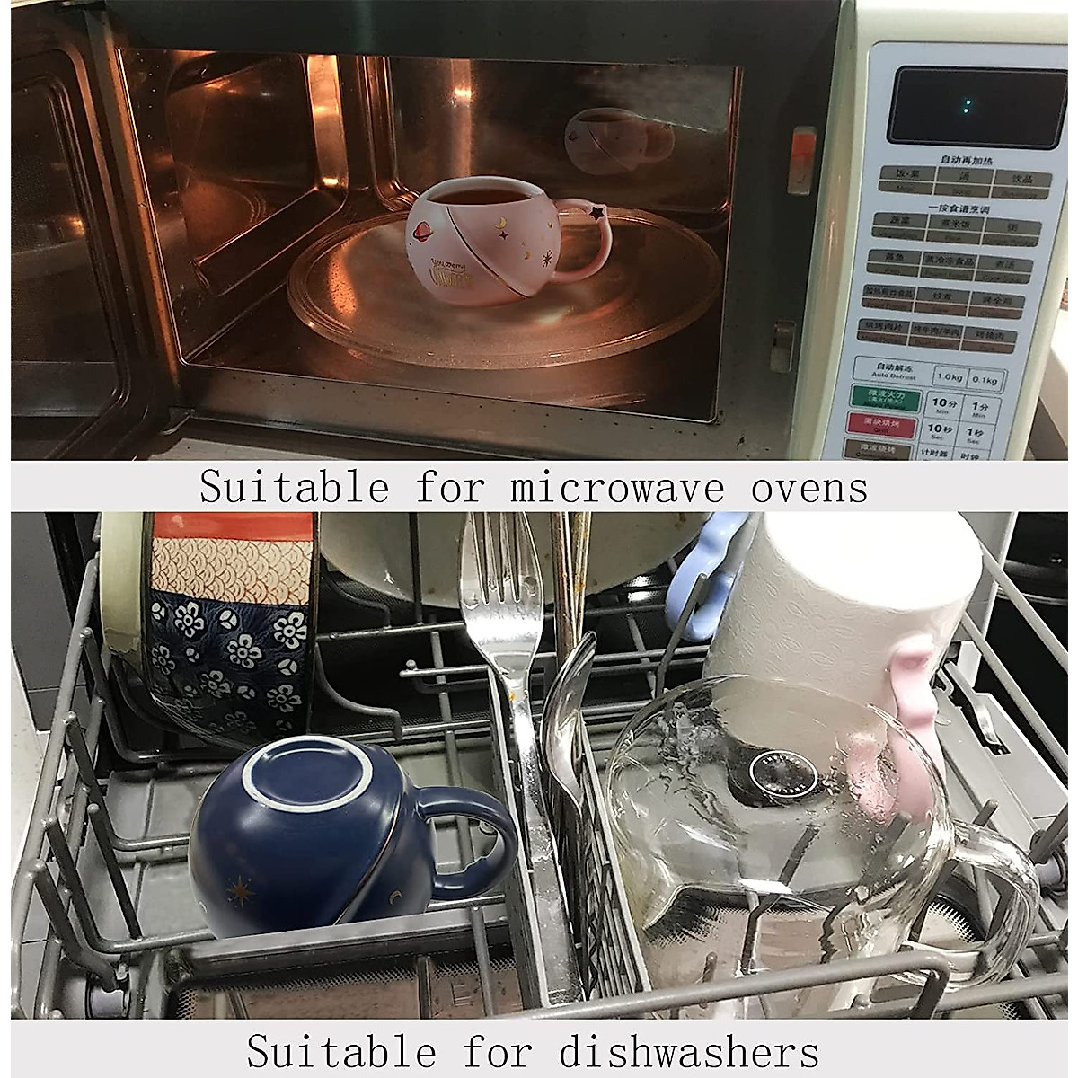 Hwagui Kawaii Astronaut Mug with Lid and Spoon, Handmade Cute Ceramic Cup for Coffee, Tea, Milk, Water, Space Mug Novelty Gift Dark Blue 450ml/15oz