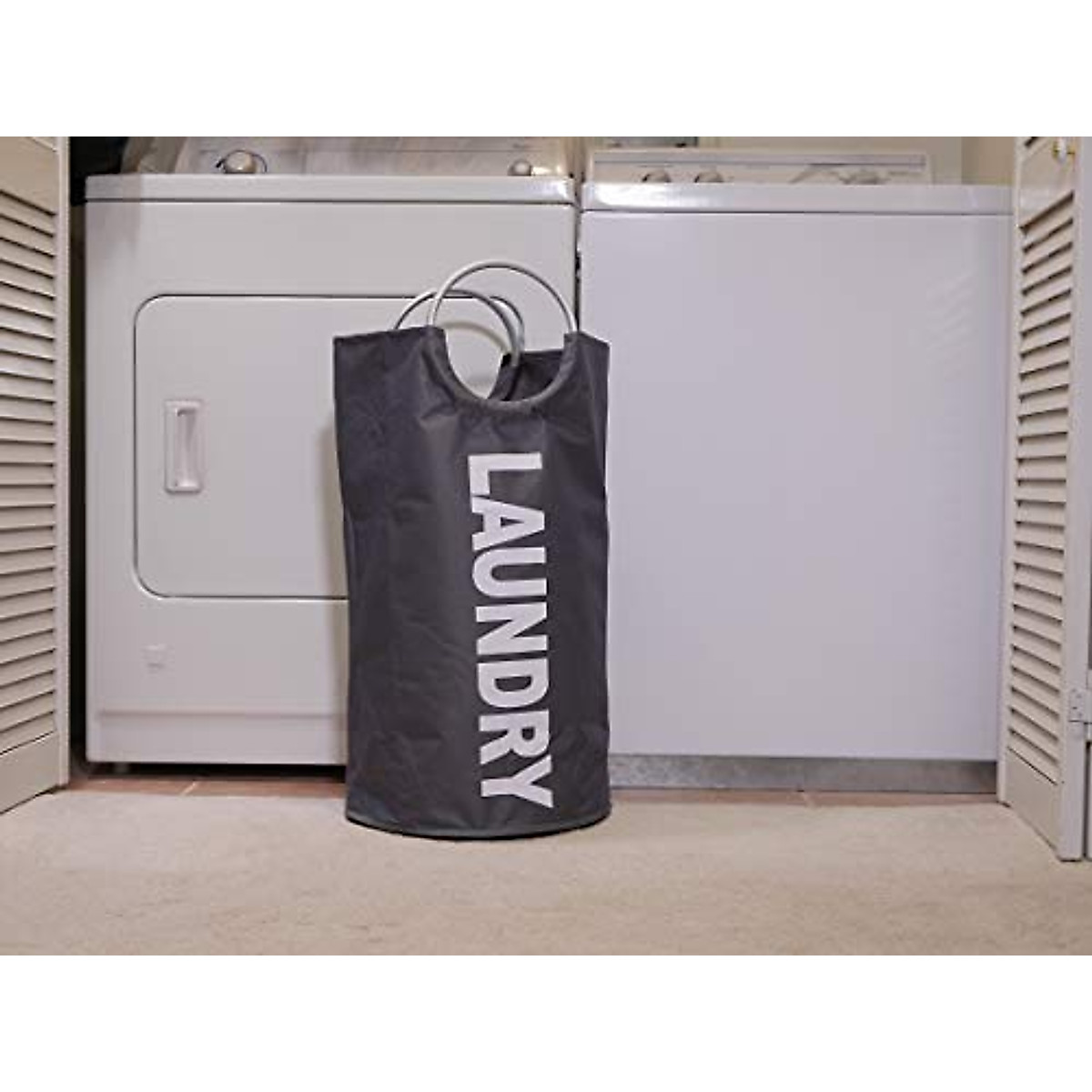 Topline Portable, Self Standing Collapsible Laundry Fabric Hamper Tote Bag with Aluminum Carrying Handles - Dark Grey