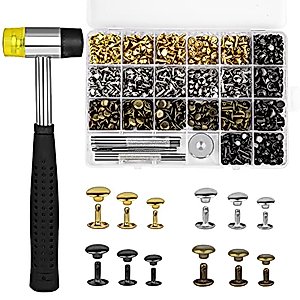 TLKKUE 360 Sets Leather Rivets 4 Colors Double Cap Rivets Tubular 3 Sizes with Rubber Hammer Fixing Tool Kit 4 Pieces for DIY Leather Craft Clothes Shoes Decoration and Repair