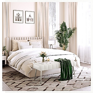 LUE BONA 44.5” End of Bed Bench, Faux Leather Tufted Upholstered Bedroom Bench, Modern Ottoman Bench with Metal Legs Storage for Living Room, Dining Room, 300LB, Beige