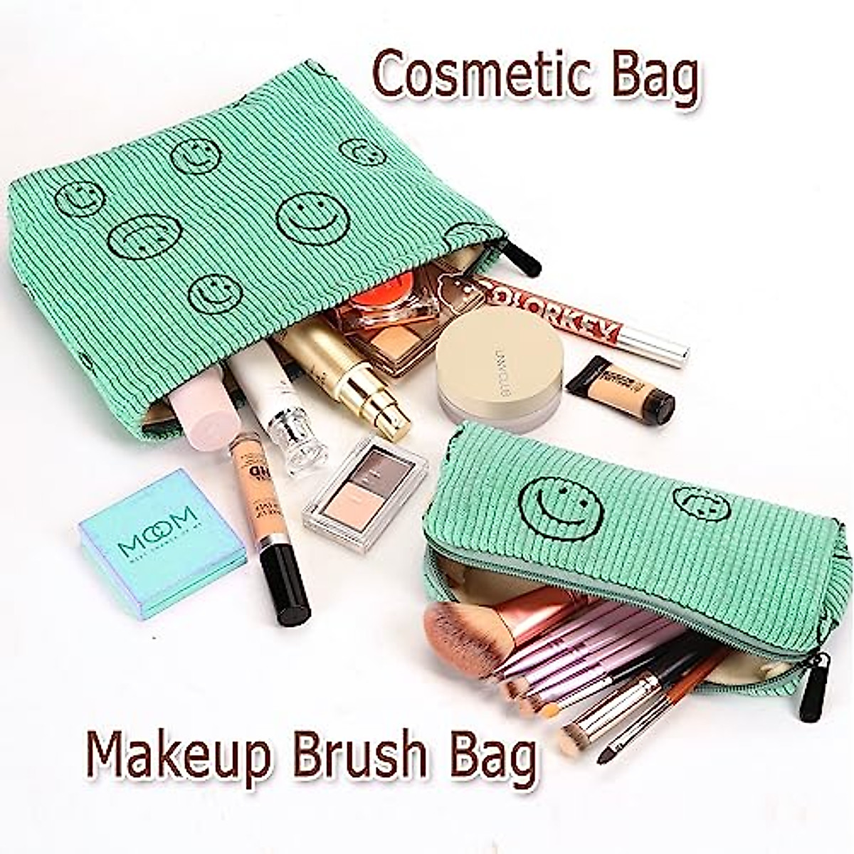 SANYETS Makeup Bag, Cosmetic Bags for Women, Travel Makeup Bag, Green Small Make Up Brush Pouch with Zipper, Corduroy Cute Cosmetic Toiletry Bag, Travel Essentials Aesthetic Preppy Stuff