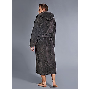 SlumberMee Mens Fleece Plush Robe with Hood Ultra Soft Fluffy Full Length Long with Pockets Luxurious House Coat (Dark Grey, L)
