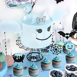 Fangleland Halloween Little Boo Ghost Cupcake Toppers Baby Shower Decorations for Boy, 36Pcs Blue and Black Dessert Table Cupcake Toppers Decors Gender Reveal Birthday Party Favor Supplies