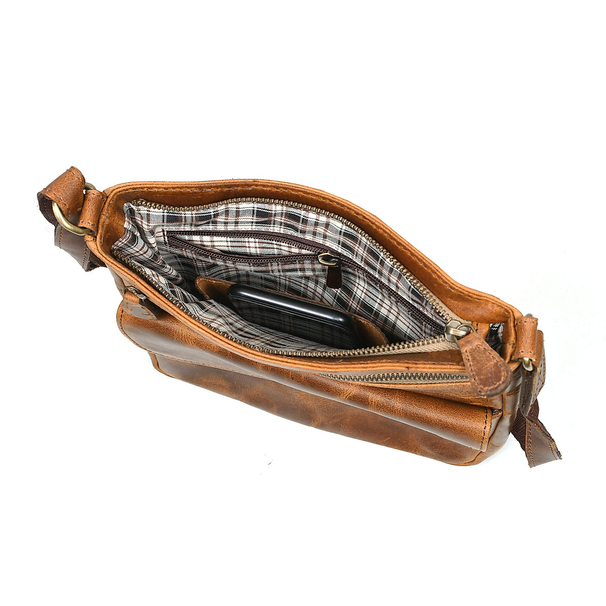 Aaron Leather Goods Women Crossbody bag with Metal Zipper Brown Black (Chestnut)