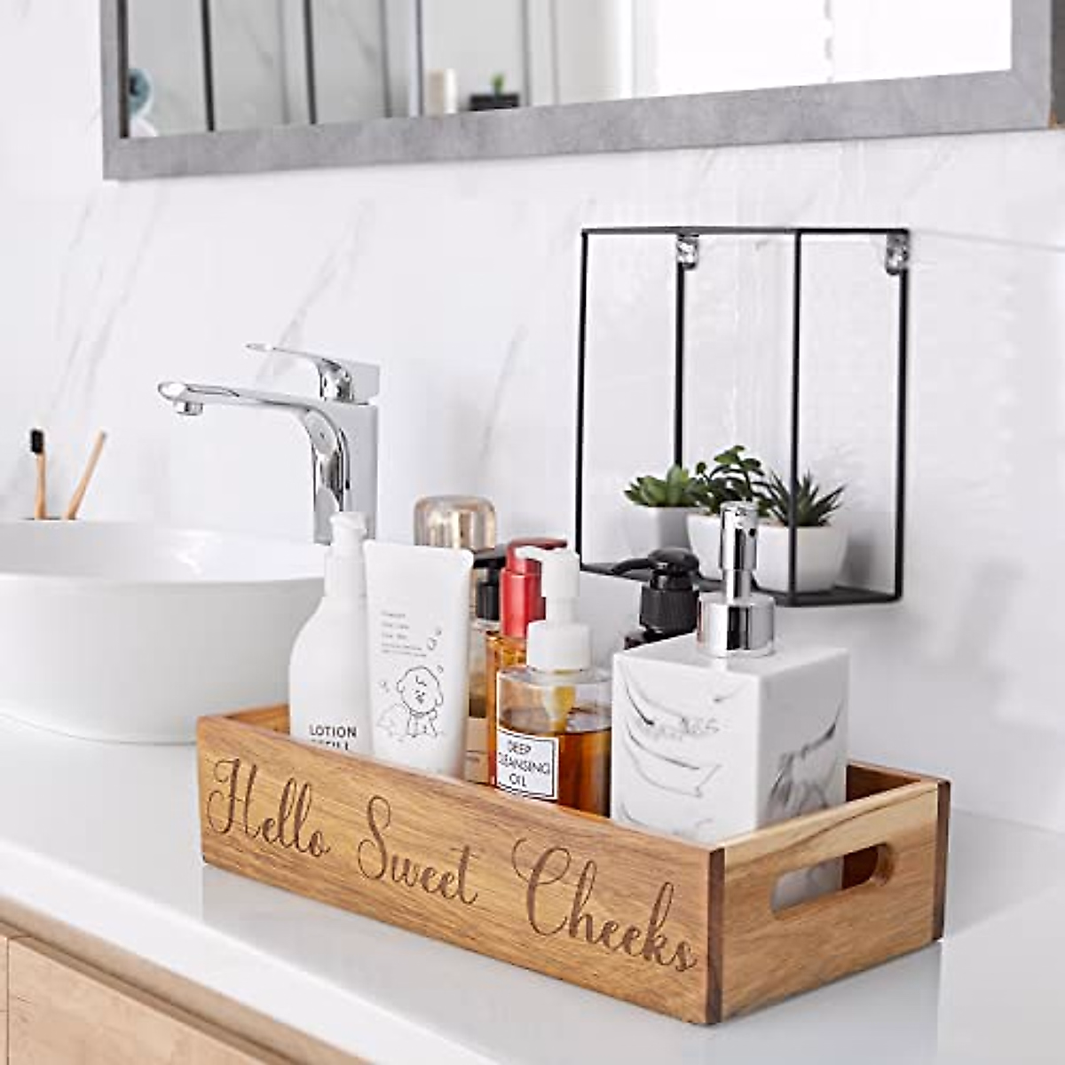 ALELION Bathroom Basket - Rustic Acacia Wood Toilet Tank Paper Basket with Handle for Organizing - Back of Toilet Storage Organizer for Bathroom Tank Topper Counter - Farmhouse Bathroom Decor Box