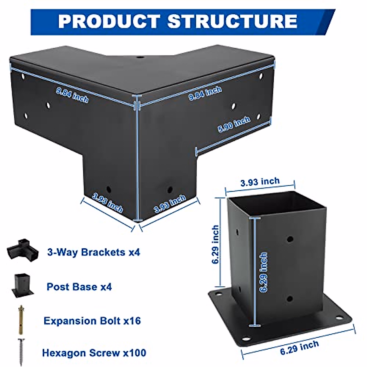 Pergola Gazebo Brackets Kit Nopwer - 3-Way Right Angle Corner Bracket for 4x4 Inch Wood Beams