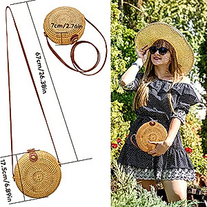 WYBG Handwoven Boho Rattan Bag with Leather Strap Round Circle Woven Wicker Chic Women Handbag Handmade Bali Ata Shoulder Bag Weave Crossbody Bag Wicker Straw Purse for Women Girls