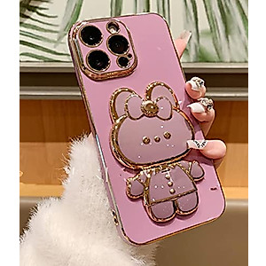 for iPhone 14 Pro Max Case for Women Girls,6D Cute Hidden Rabbit Bunny Stand Mirror Design,Luxury Plating Glitter Soft Silicone Makeup Girly Phone Case with Camera Cover for iPhone 14 Promax Purple