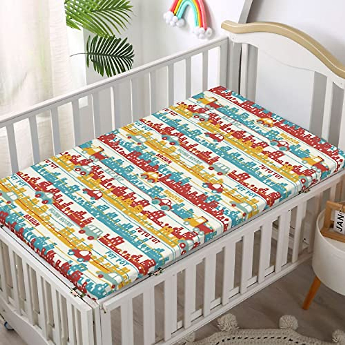 Cars Themed Fitted Crib Sheet,Standard Crib Mattress Fitted Sheet Toddler Bed Mattress Sheets-Crib Mattress Sheet or Toddler Bed Sheet, 28“ x52“,Earth Yellow Pale Blue Red