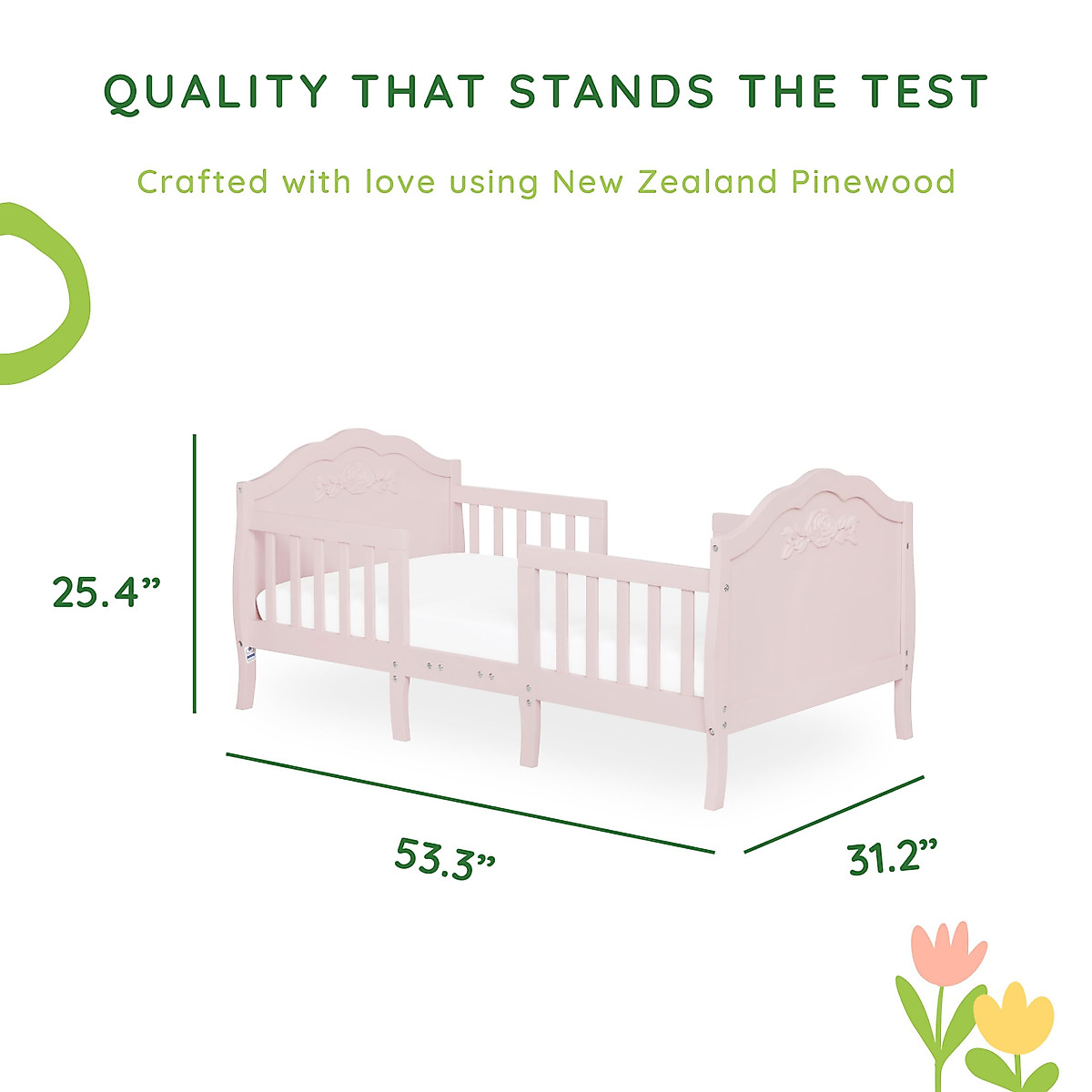 SweetPea Baby Rose 3-in-1 Convertible Toddler Bed in Blush Pink, Greenguard Gold Certified, JPMA Certified, Safety Rails, Made of Sustainable New Zealand Pinewood