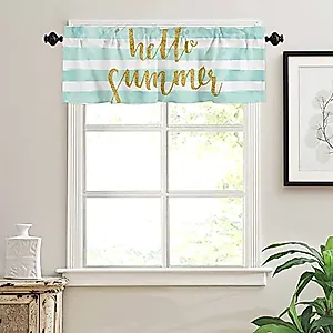 Laibao Kitchen Valance Curtain Hello Summer Gold Round Spots on Blue and White Stripes Rod Pocket Tier Curtain for Cafe Bathroom Semi-Sheer Window Treatment Valance for Bedroom Small Windows 54x18in