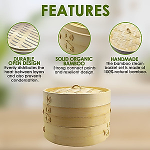 Zhalk Bamboo Steamer Basket, Steam Basket for Vegetables, Two-Tier Baskets, Multipurpose Food Steamer, Sturdy Dumpling Steamer Includes Liners, Quick and Easy to Use Bao Steamer