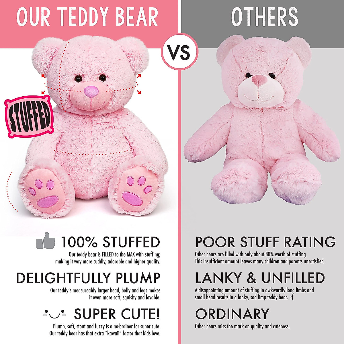 LotFancy Teddy Bear Stuffed Animals, 20 inch Pink Stuffed Bear, Cute Plush Toy with Footprints, Plushies for Kids Baby Toddlers on Baby Shower, Valentine's Day Gift for Girlfriend, Easter Decoration