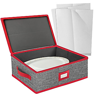 VERONLY Platter Storage Case Stackable - Christmas China Storage Containers, with Hard Lid Height of 5.3'' Padded Surfaces - Structured Top, Bottom and Sides, 4 Felt Dividers Included (Grey and Red)
