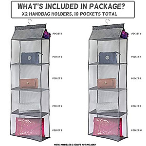 MIGHTY TIDY HOME New and Improved XL Size Hanging Handbag Purse Organizer for Closet | 2 Pack, 10 Shelves Total | Space Saving Hand Bag Storage Holder for Wardrobe Closet (Grey)