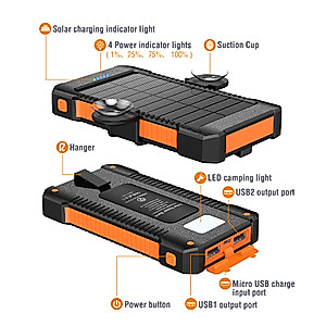 MetFut Solar Power Bank 38800mAh, Solar Charger with Suction Cup Mount Three Modes Flashlight-Steady/SOS/Strobe IPX7 Waterproof/Dustproof/Shockproof External Battery Pack 3 USB Charging Ports(Orange)