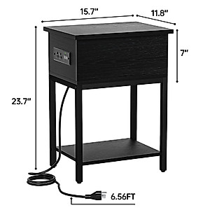 SZLHANJZ Narrow Nightstand, Small End Table with Charging Station, Bedside Table with Storage and Shelf for Small Spaces, 2 Tier Side Table for Living Room Bedroom, Black