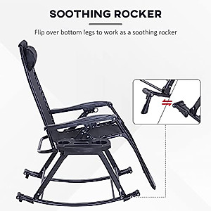 Outsunny Outdoor Rocking Chairs, Foldable Reclining Zero Gravity Lounge Rocker w/Pillow, Cup & Phone Holder, Combo Design w/Folding Legs, Black