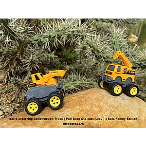 SEESWELL Construction Truck Toys | Monster Truck | Pull Back Friction Powered | Die-cast Alloy Vehicles Playset | 4 Pack | Toys for 3+ Years Old Kids