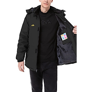 Men's Mountain Waterproof Ski Jacket Windproof Rain Jacket Winter Warm Snow Coat II with Removable Hood U120WCFY028,Black,L