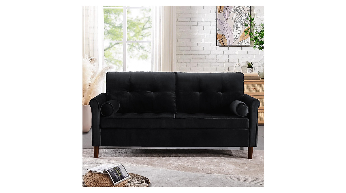Black Loveseat Sofa - Stylish Mid-Century Velvet Small Couch