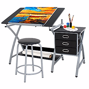 ZENY Drafting Table and Stool Set Tabletop Tilted Drawing Table Drafting Desk w/Drawers Artists Workstation, Art Craft Supplies