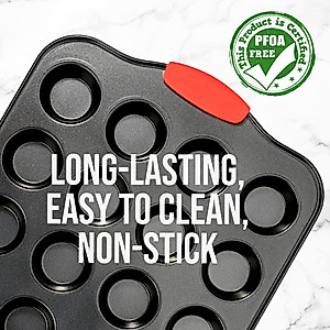 NutriChef 24 Cup Muffin Non Stick Baking Pan with Red Silicone Handles, Attractive Gray Carbon Steel Bake Pan, Commercial Grade Restaurant Quality Metal Bakeware