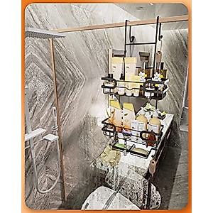 SWTYMIKI Over The Door Shower Caddy With Double Soap Holder, Stainless Steel Hanging Shower Organizer With 16 Hooks No Drilling Hanging Shower Caddy Over Door To Organize Bathroom Essentials, Black