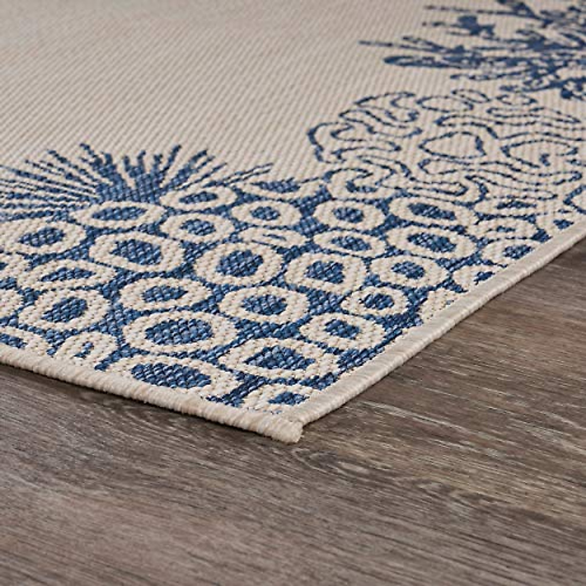 Lr Home Ox Bay Seamas Coastal Bordered Coral Reef Indoor/Outdoor Rug, White/Navy, 1'10" x 3'0"