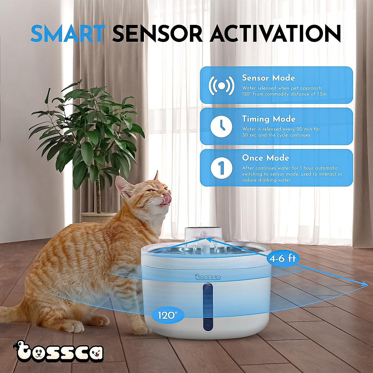 Tossca Wireless Cat Water Fountain | Rechargeable Battery Operated Automatic Dog Water Bowl Dispenser | Sensor Activated Hygienic Stainless Steel Cat Fountain | 5 Bonus Filters (2.6 L)
