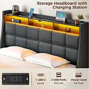 Rolanstar Queen Size Bed Frame with LED Lights and Charging Station, Upholstered Bed Storage Headboard & Drawers, Heavy Duty Wood Slats, Easy Assembly