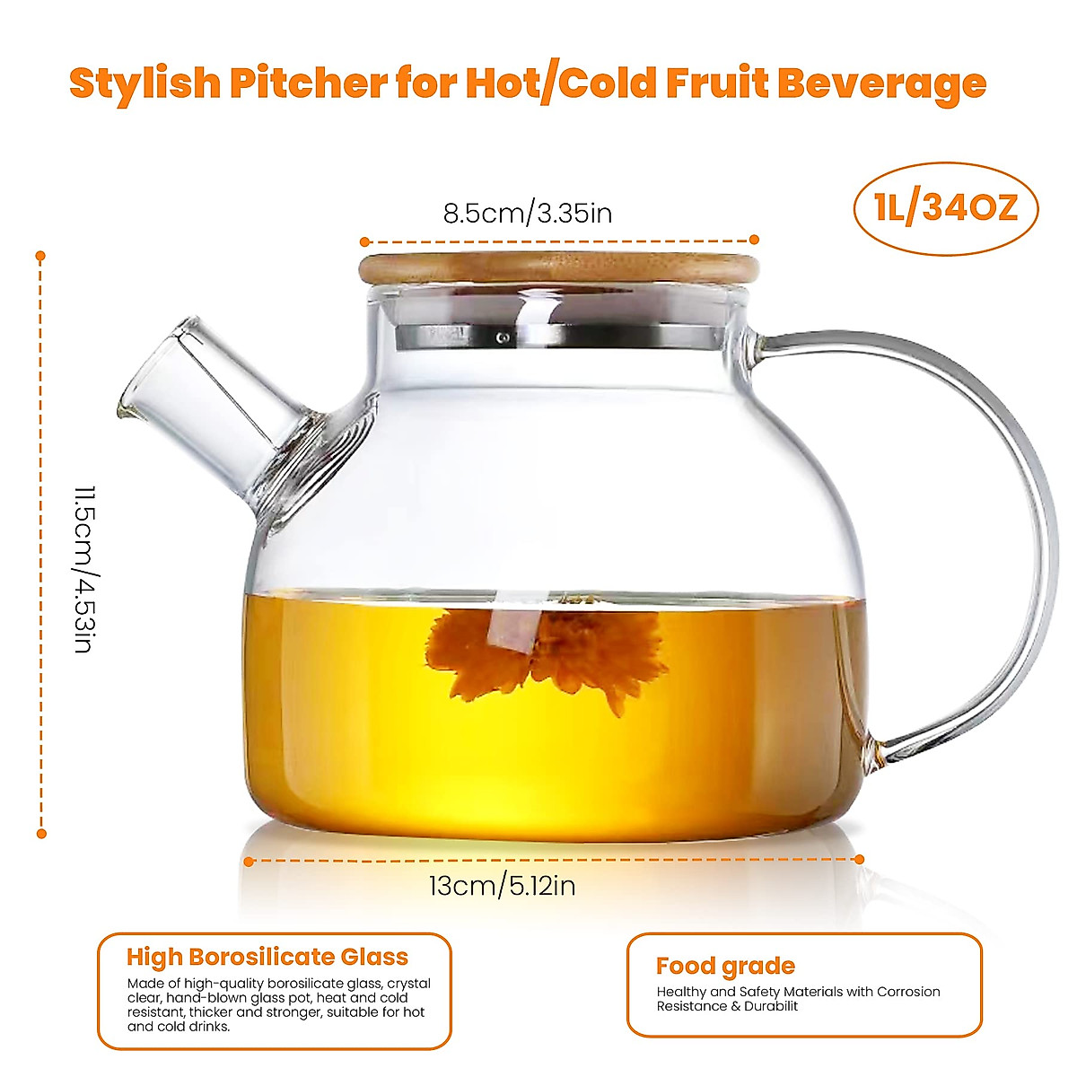 Glass Pitcher with Bamboo Lid, Glass Teapot Stovetop & Microwave Safe, Glass Borosilicate Teapot with Removable Filter Spout, 34oz/1000ml, Teapot for Loose Leaf and Blooming Tea and Fruit Tea