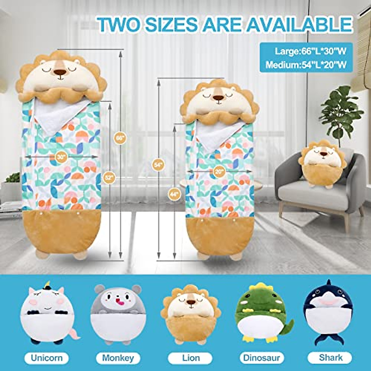 Kids Sleeping Bags with Pillow?Pillow & Sleepy Sack, Portable and Foldable, Lightweight and Breathable, 2 in 1 Pillow&Sleeping Bags for Spring and Summer, Gift for Kids(L-66“* 30”Dinosaur)