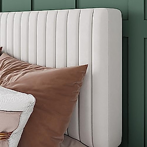 Allewie Queen Bed Frame, Velvet Upholstered Platform Bed with Adjustable Vertical Channel Tufted Headboard, Mattress Foundation with Strong Wooden Slats, Box Spring Optional, Easy Assembly, Off-White