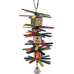 Tropical Chickens Chewing Stick with Wood Block Toy - Multicolored Natural Eco-Friendly Enrichment Toy with Bell for Bird Enrichment Conure Lovebird Cockatiels Small and Medium Birds