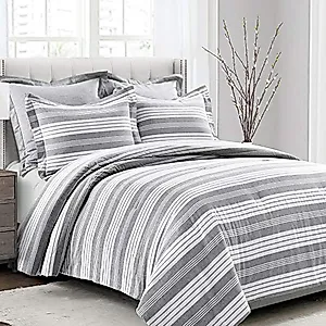 Lush Decor Gray and White Farmhouse Recycled Yarn-Dyed Cotton Stripe 5-Piece Comforter Set (King)