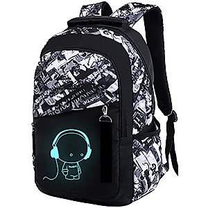 Lmeison Anime Cartoon Luminous Backpacks, Cool Bookbag for Boys Waterproof School Bag with USB Charging Port for Middle High School Unisex 15.6in Laptop Backpack for Student, Trend Graffiti Grey