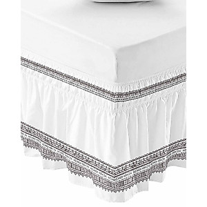 Boho Bed Skirt King Size 18 Inch Drop, Adjustable & Elastic Wrap Around Bed Skirts Pleated Luxury Dust Ruffles for Twin Full Queen Cal King Base Bed, Black Bohemia Geometric Ethnic Stripes