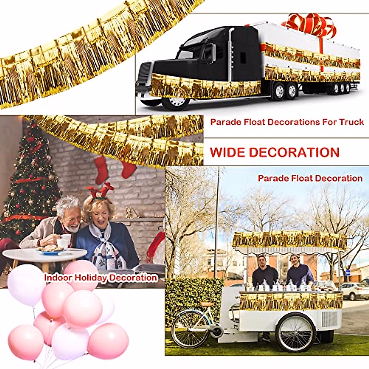 2 Pack Iridescent Float Fringe Curtains, Metallic Streamers Foil Fringe Garland Shiny Tassel Foil Float Parade Float Decorations for Trailer Car Graduation Homecoming Outdoor Indoor Party (Gold)