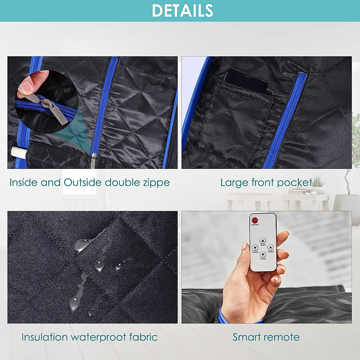 Hurbo Newest Portable Folding steam Sauna Room, Home Sauna spa, Weight Loss Therapy, Full Body Spa Detox Sauna Room with Foldable Chair Timer Remote Contro (29.5 x 35 x 40.3inch, Black Blue)